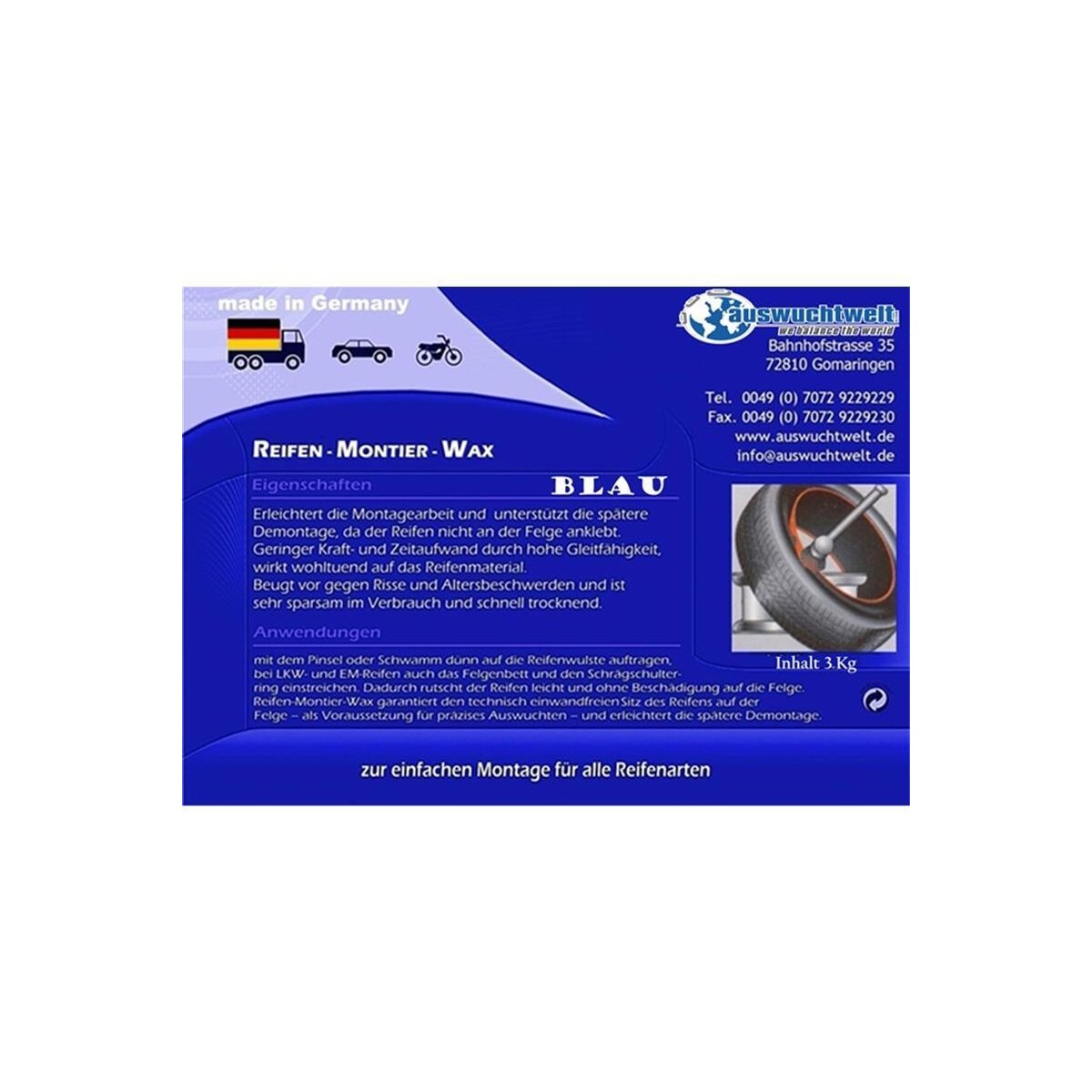 3Kg Reifenmontagepaste BLAU Run Flat Montagepaste Reifen Montierpaste ...