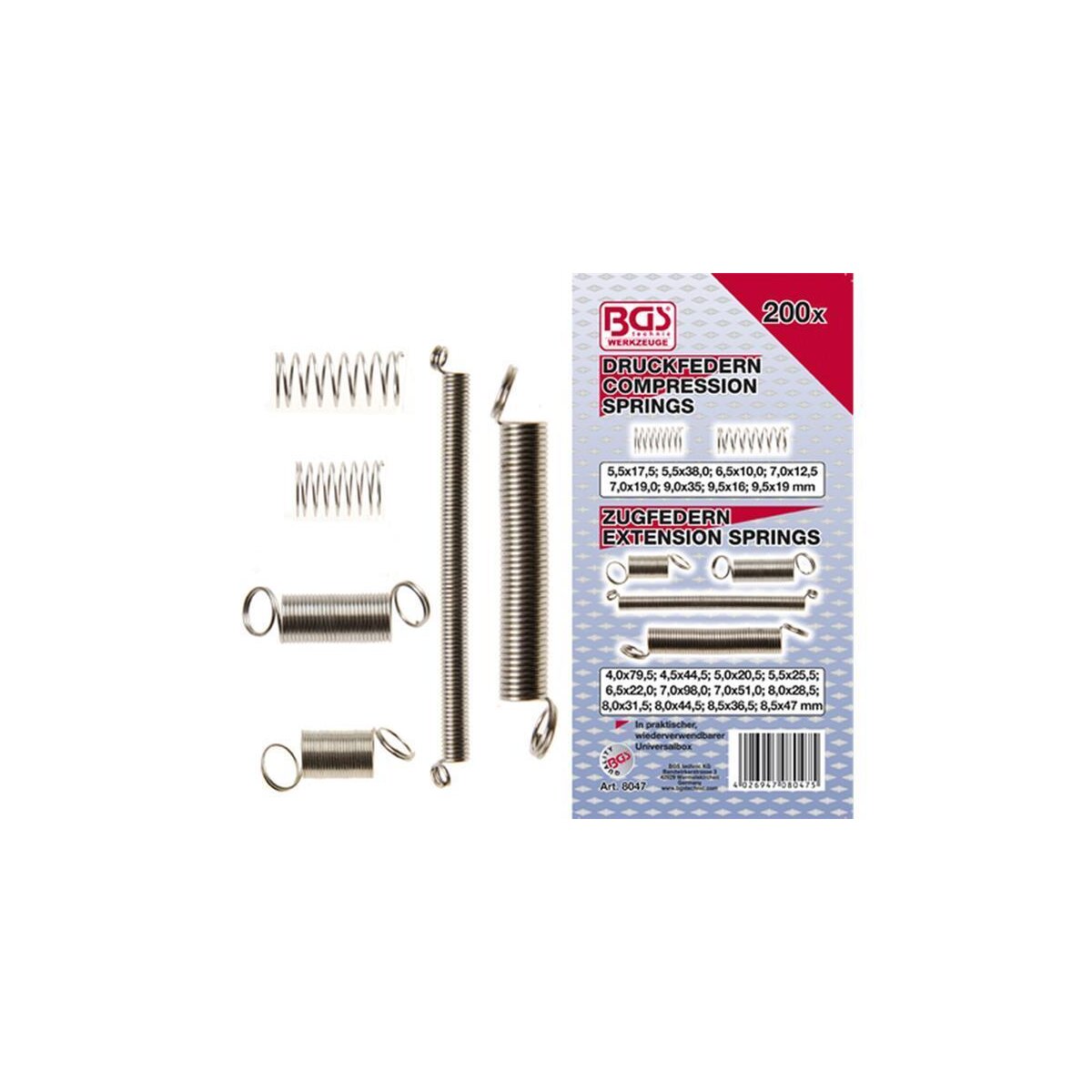 Federn Sortiment, Zug + Druckfedern, 200-tlg., 8,60