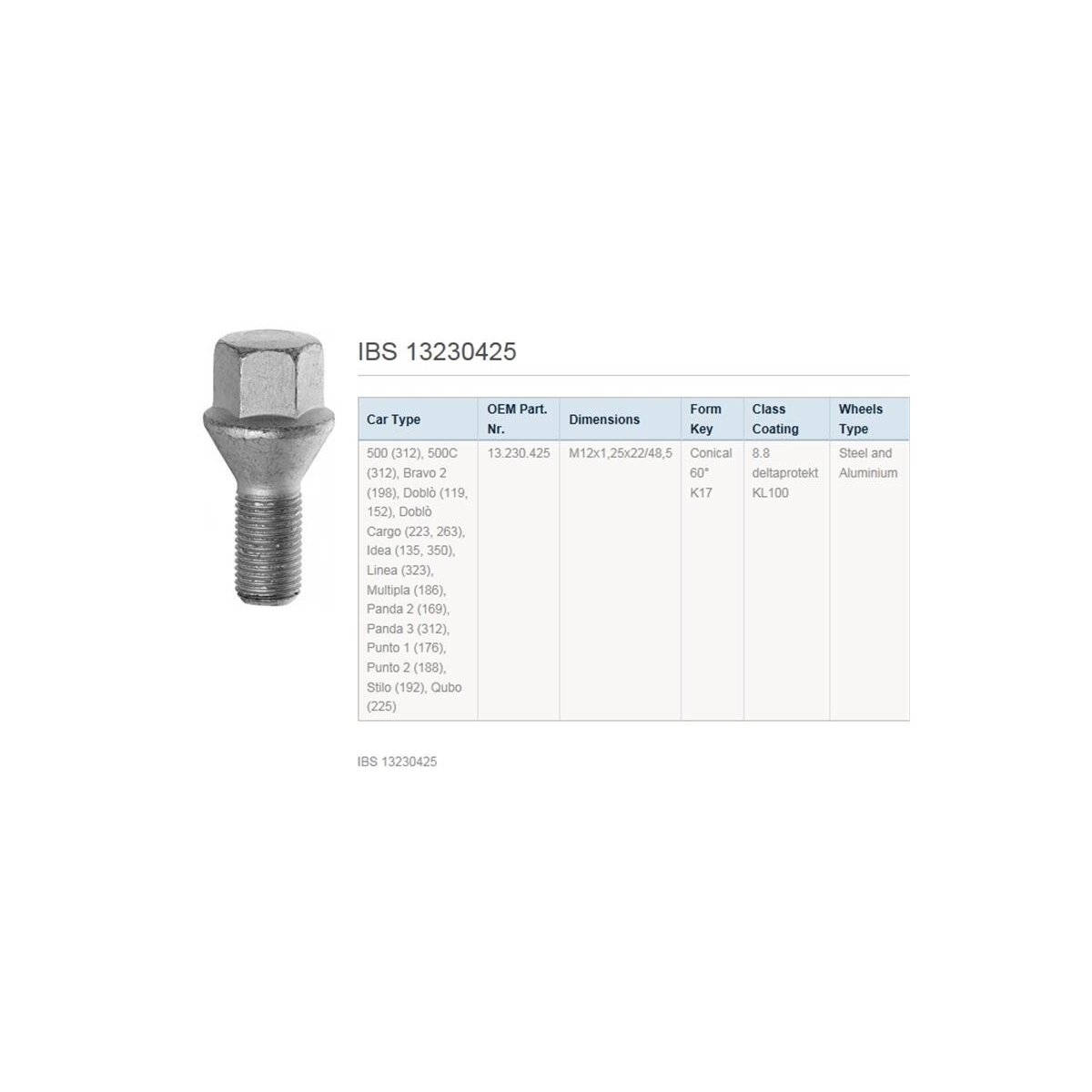 Radschraube Fiat M12x1,25 Länge 48,5mm Gewinde 22mm OE 13.230.425, 0,86